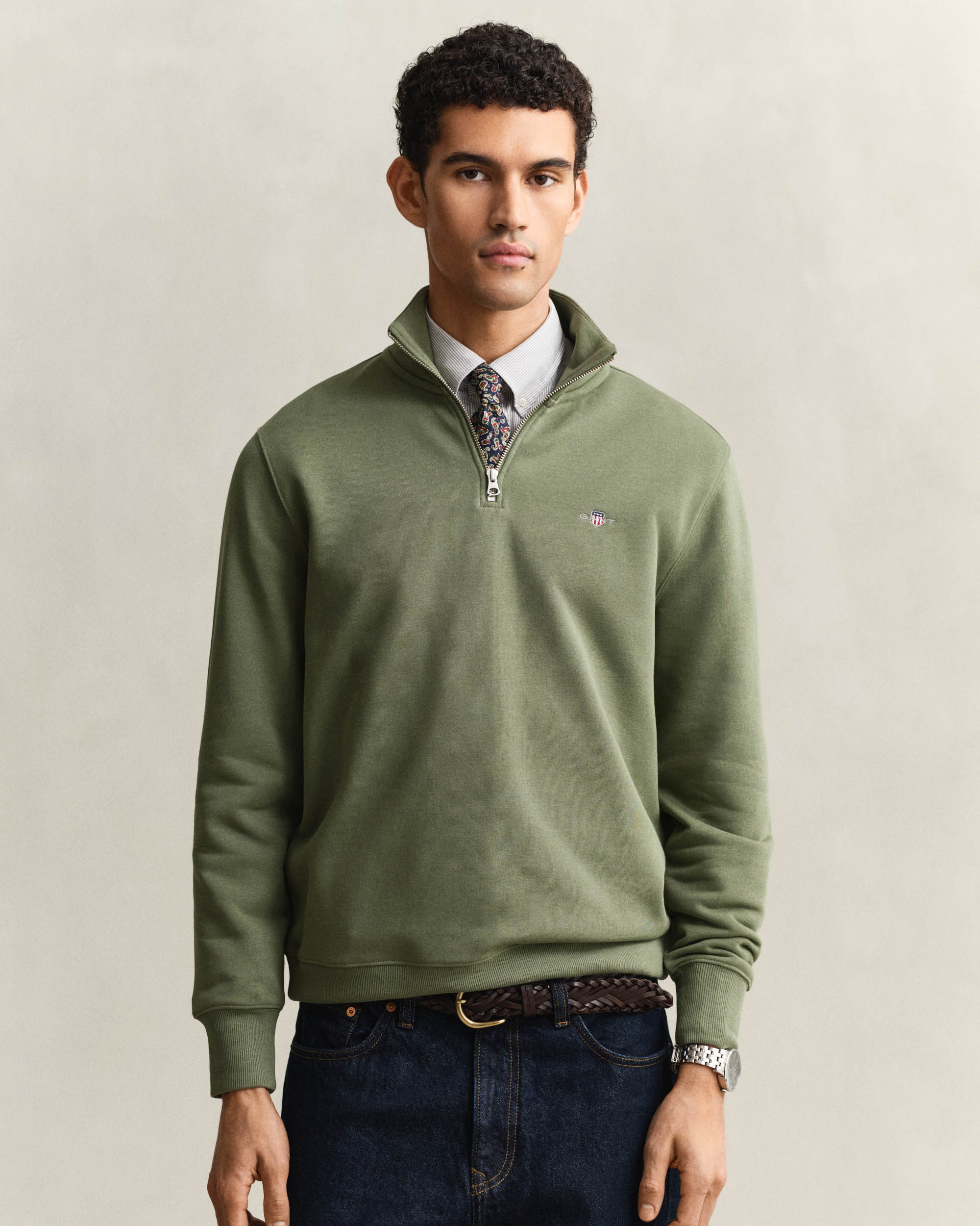 GANT Mens Regular Fit Shield Logo Half Zip Sweatshirt - 379 Dry Herb G ...