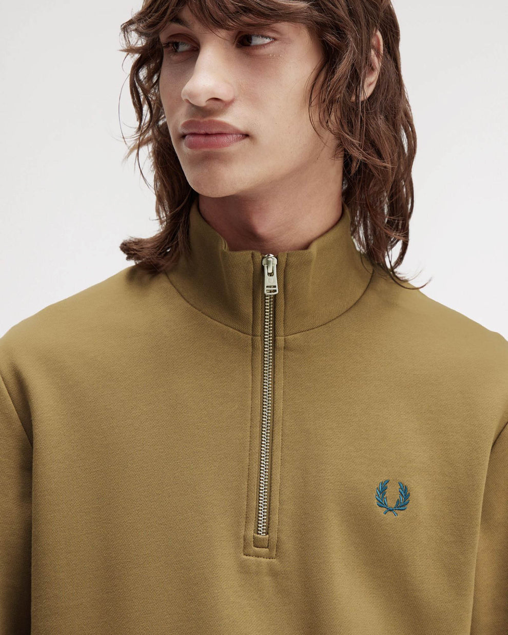 Fred Perry Mens Half Zip Sweatshirt - Shaded Stone/Ecru/Dark Petrol Z6 ...