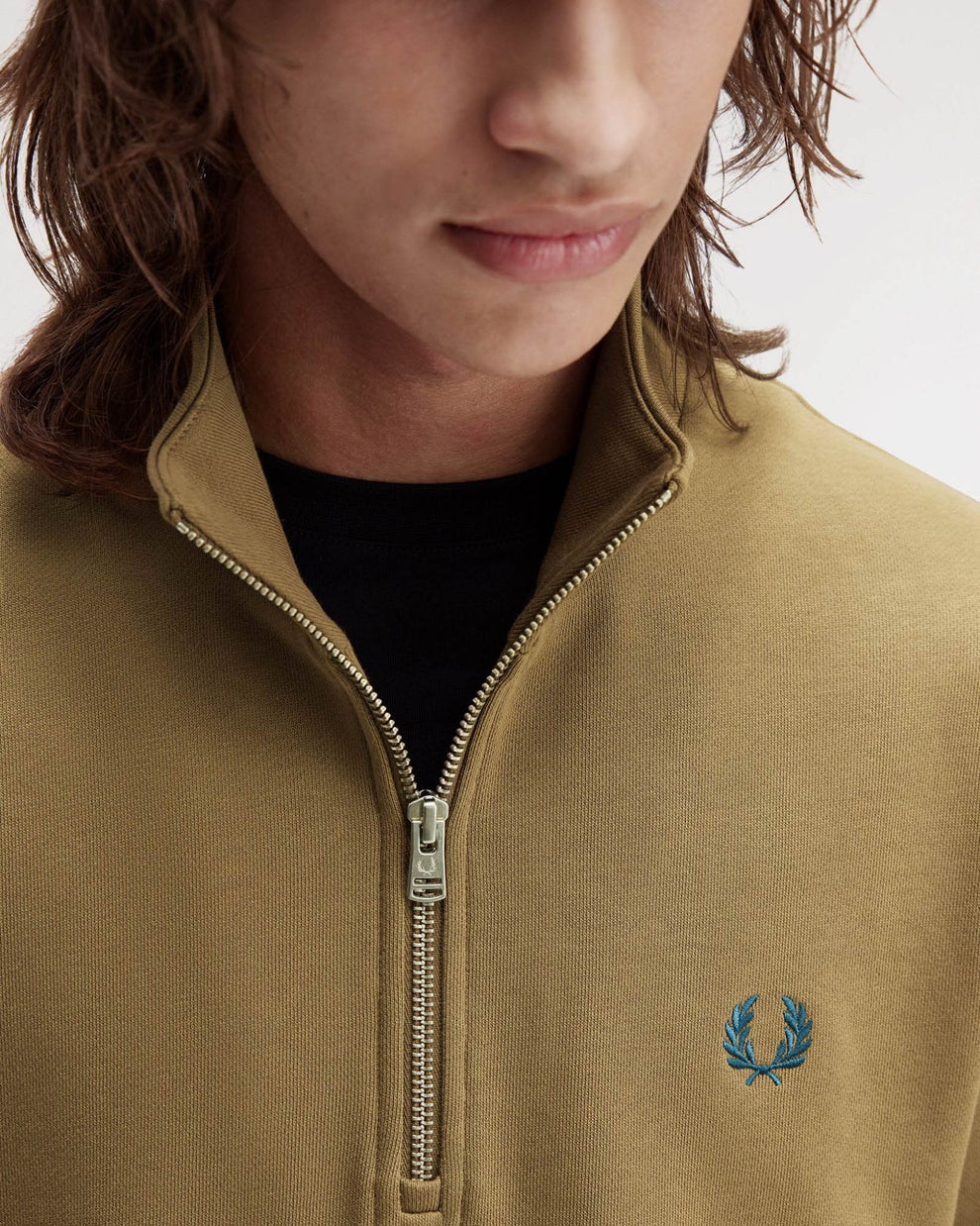 Fred Perry Mens Half Zip Sweatshirt - Shaded Stone/Ecru/Dark Petrol Z6 ...