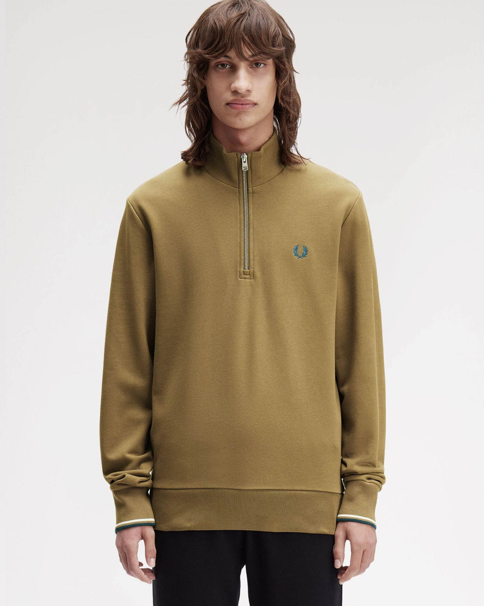 Fred Perry Mens Half Zip Sweatshirt - Shaded Stone/Ecru/Dark Petrol Z6 ...
