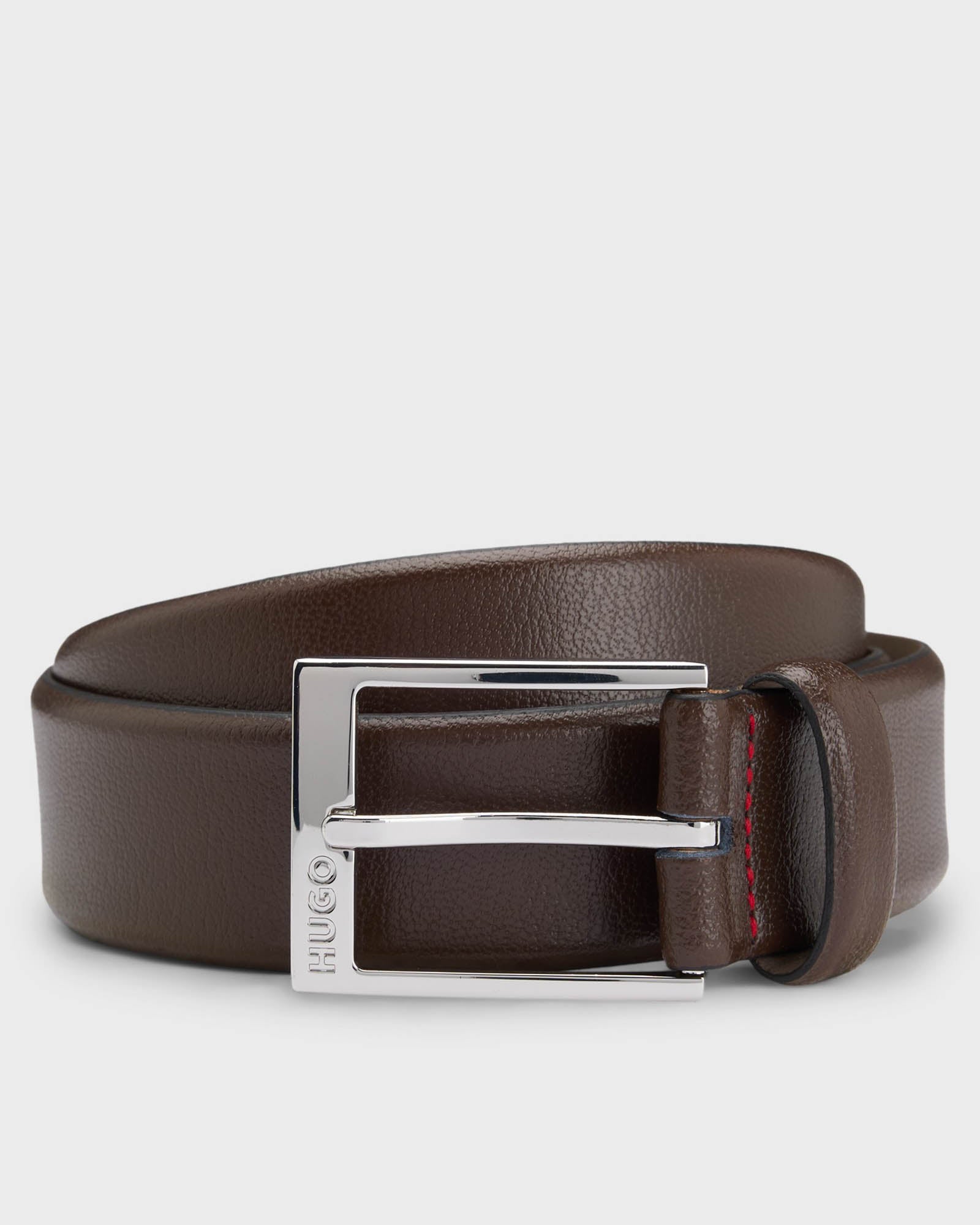 HUGO Gellot Mens Grained-Leather Belt with Logo Engraved Buckle - Dark ...