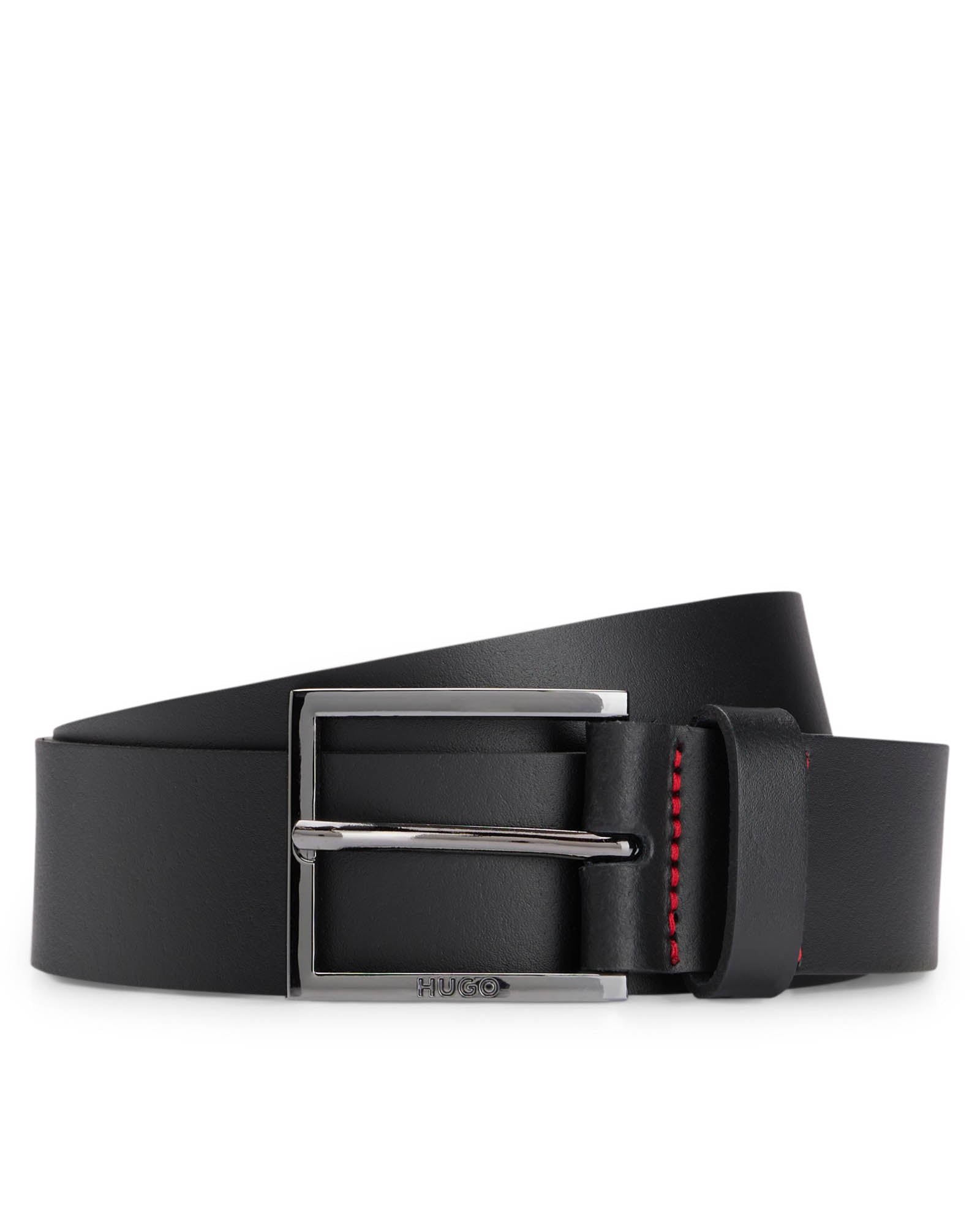HUGO Geek Mens Smooth-Leather Belt with Brushed-Silver Buckle - Black – CHO